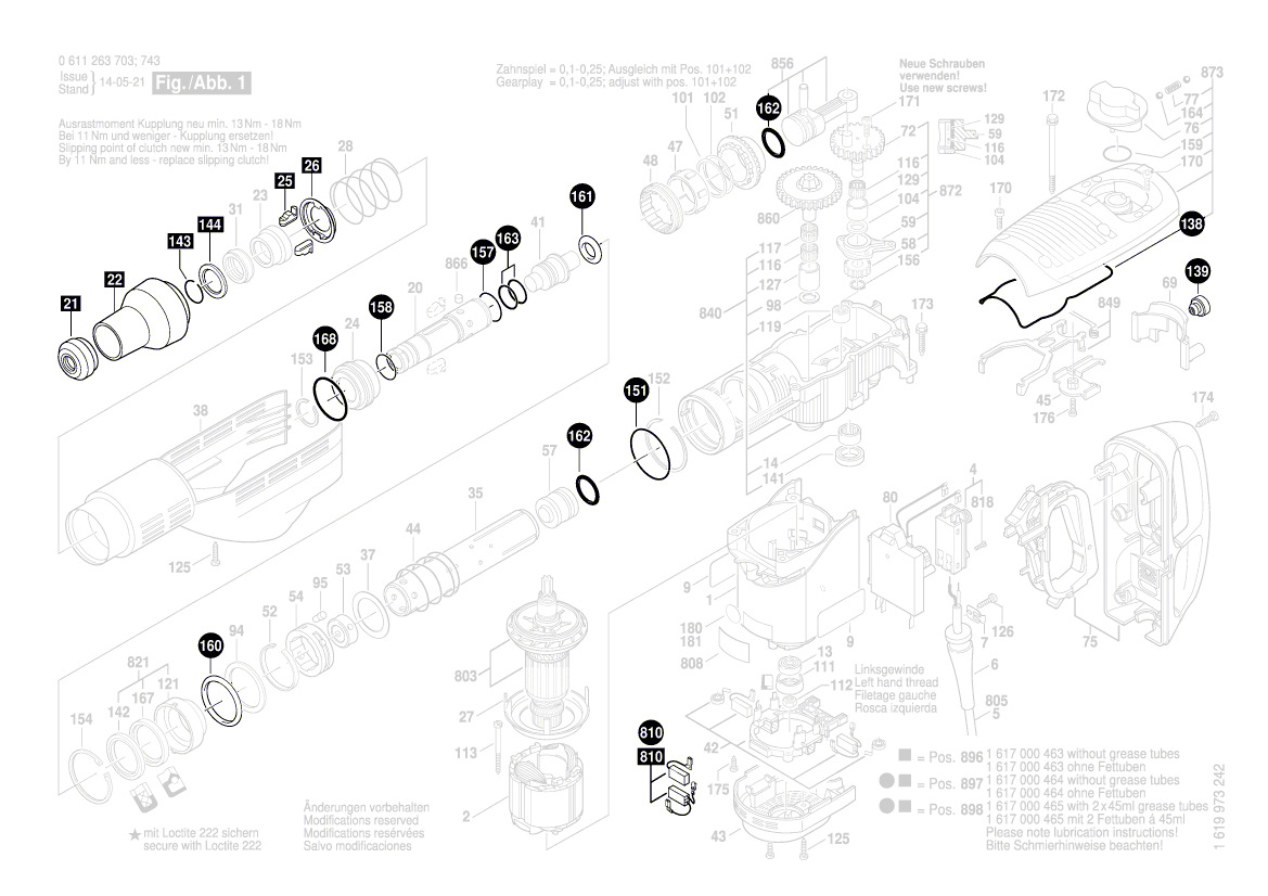 Kit entretien perforateur GBH7-46DE Bosch BMH45-XE Würth pièces 1617000465