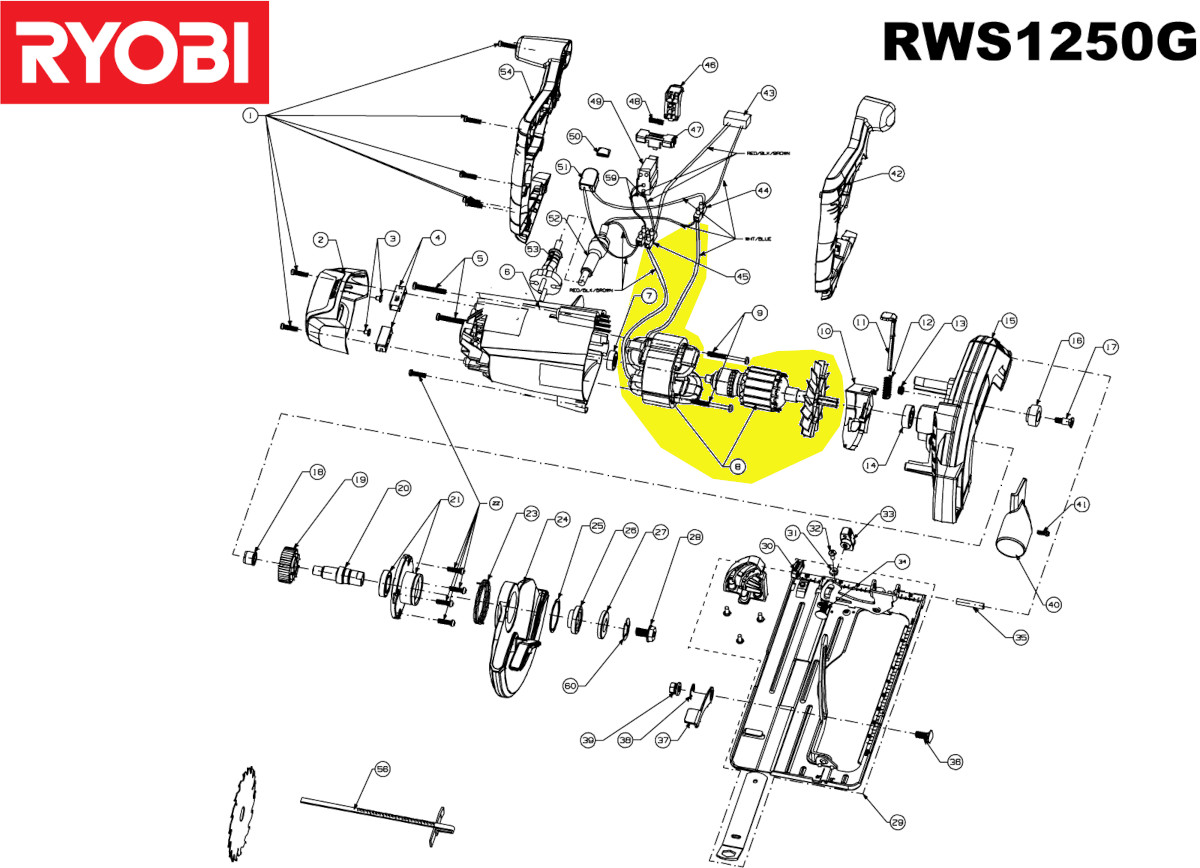 moteur rotor stator scie circulaire RWS1250G Ryobi pièce détachée ...