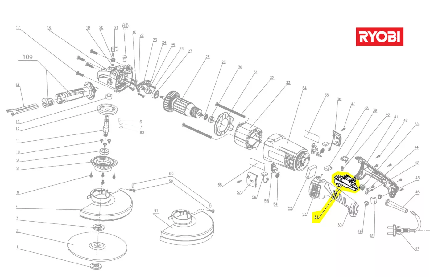 interrupteur meuleuse angle EAG2000RS Ryobi pièce détachée 5131033241