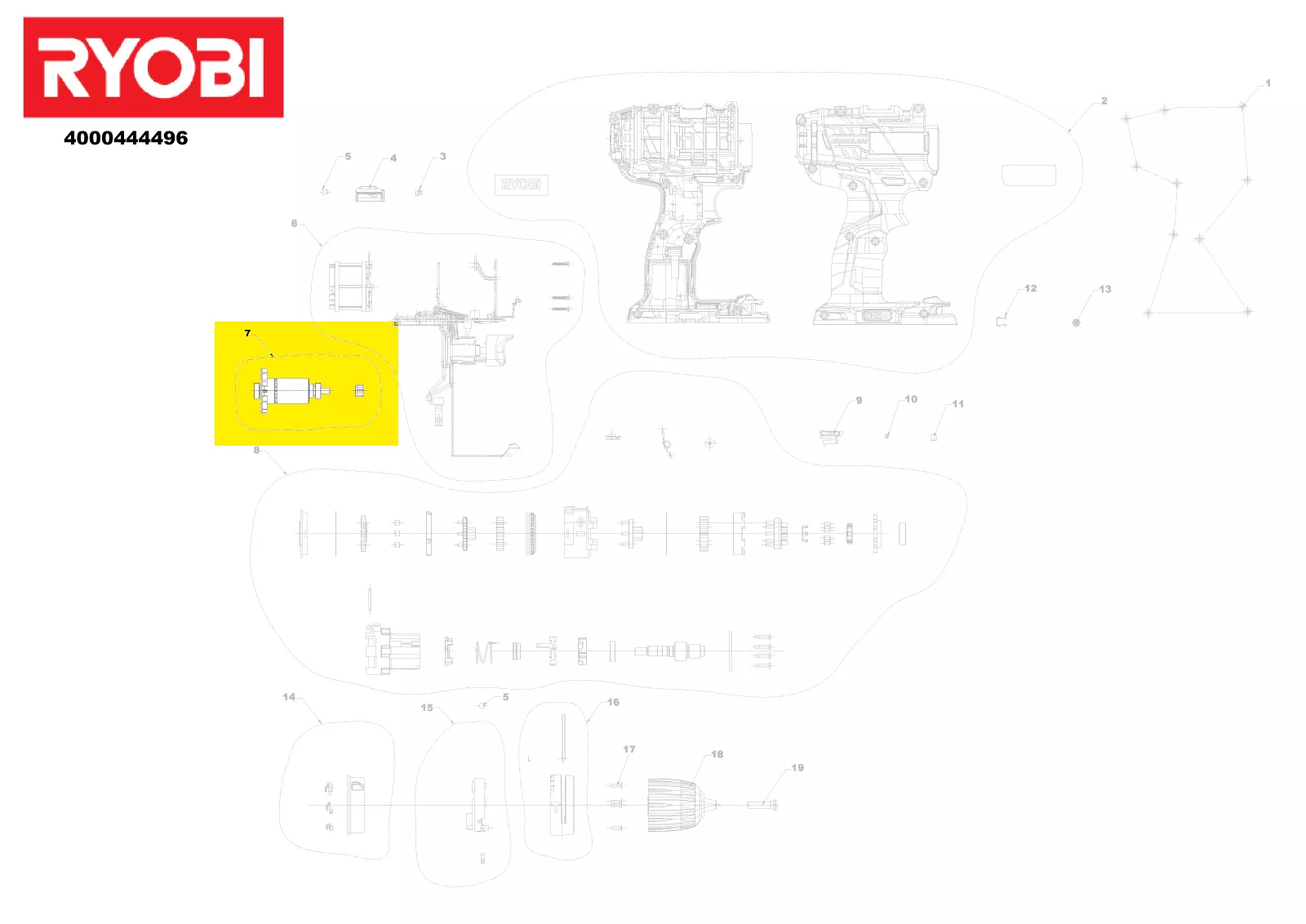 rotor moteur perceuse visseuse R18PDBL-0 Ryobi pièce détachée 5131033412