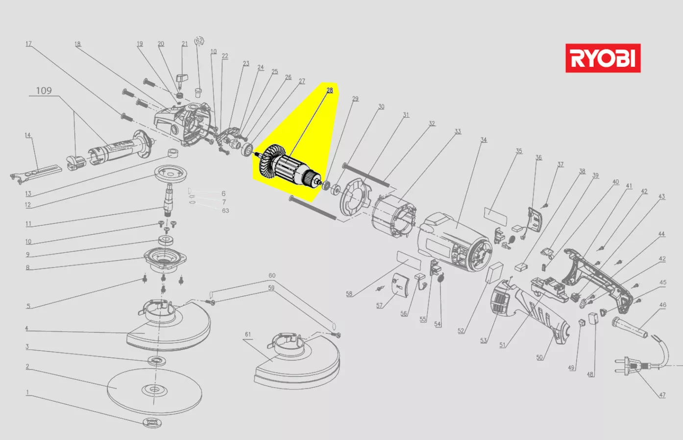 induit rotor EAG2000RS meuleuse angle Ryobi pièce 5131033217
