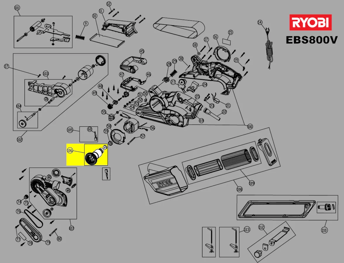 induit rotor ponceuse bande EBS800V Ryobi pièce détachée 5131030612